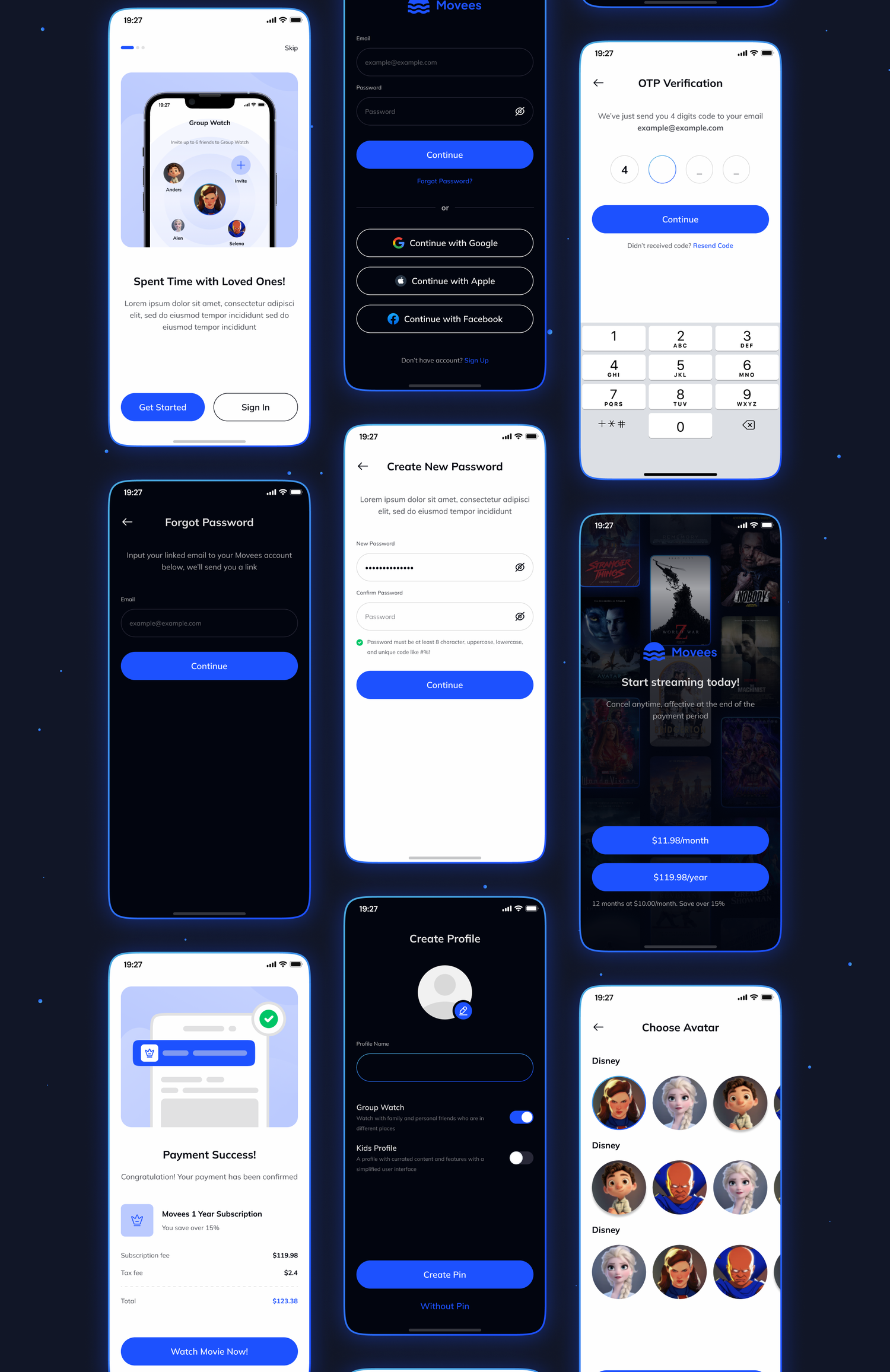 4598 90屏手机在线影院电影流媒体用户界面app设计UI套件 Movees – Movie Streaming Apps UI KIT@GOOODME.COM _ 果觅网（gooodme）